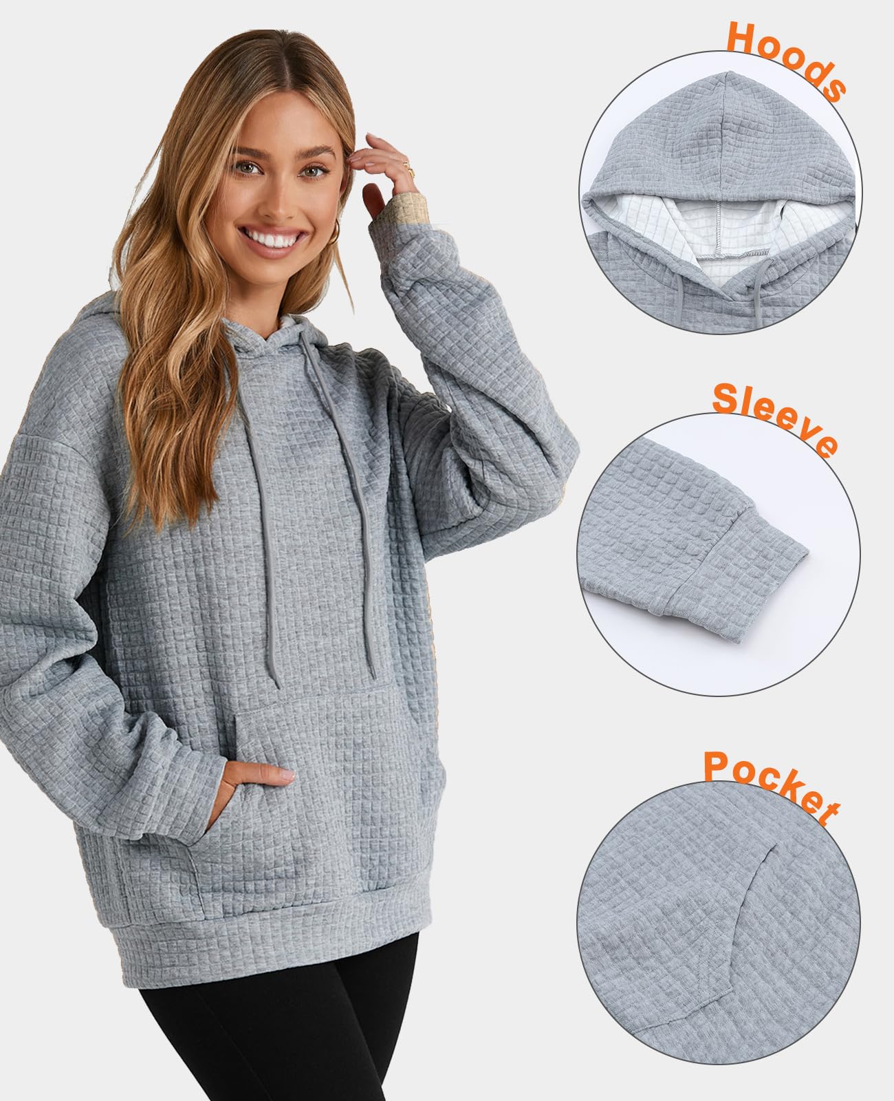 SELINK Hoodies For Women Casual Pullover Waffle Long Sleeve Drawstring Hooded Sweatshirt with Pocket Grey-L
