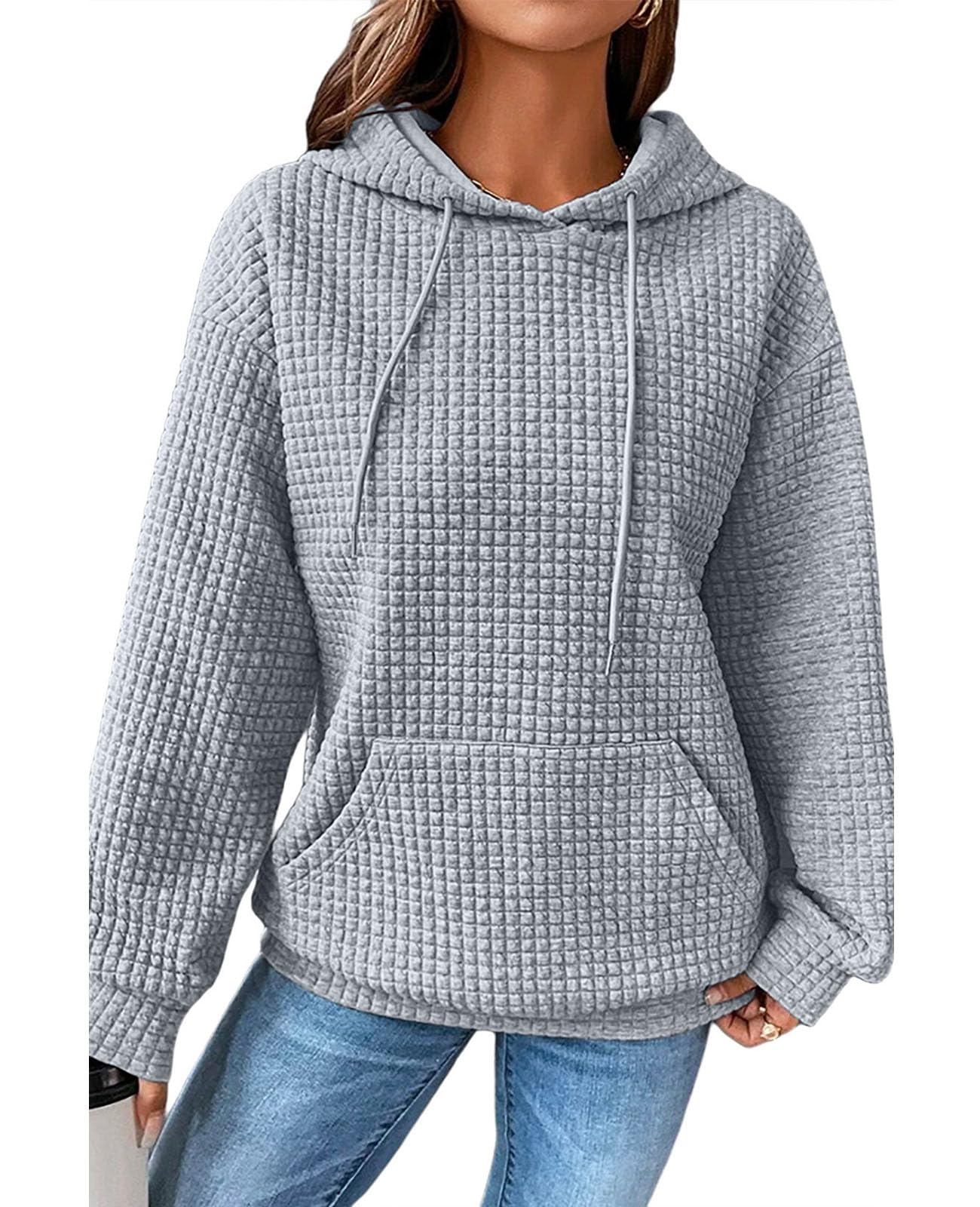 SELINK Hoodies For Women Casual Pullover Waffle Long Sleeve Drawstring Hooded Sweatshirt with Pocket Grey-L
