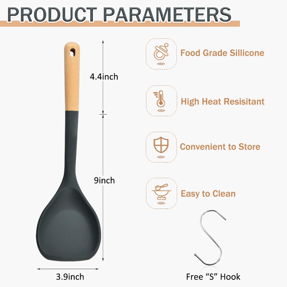 Wok Spatula, Silicone Wok Spatula Turner with Heat Resistant Wooden Handle, Kitchen Utensil Cooking Shovel Scoop Ladle for Scooping, Flipping, Stirring, Durable BPA-free Nonstick Cooking, 13.2Inch