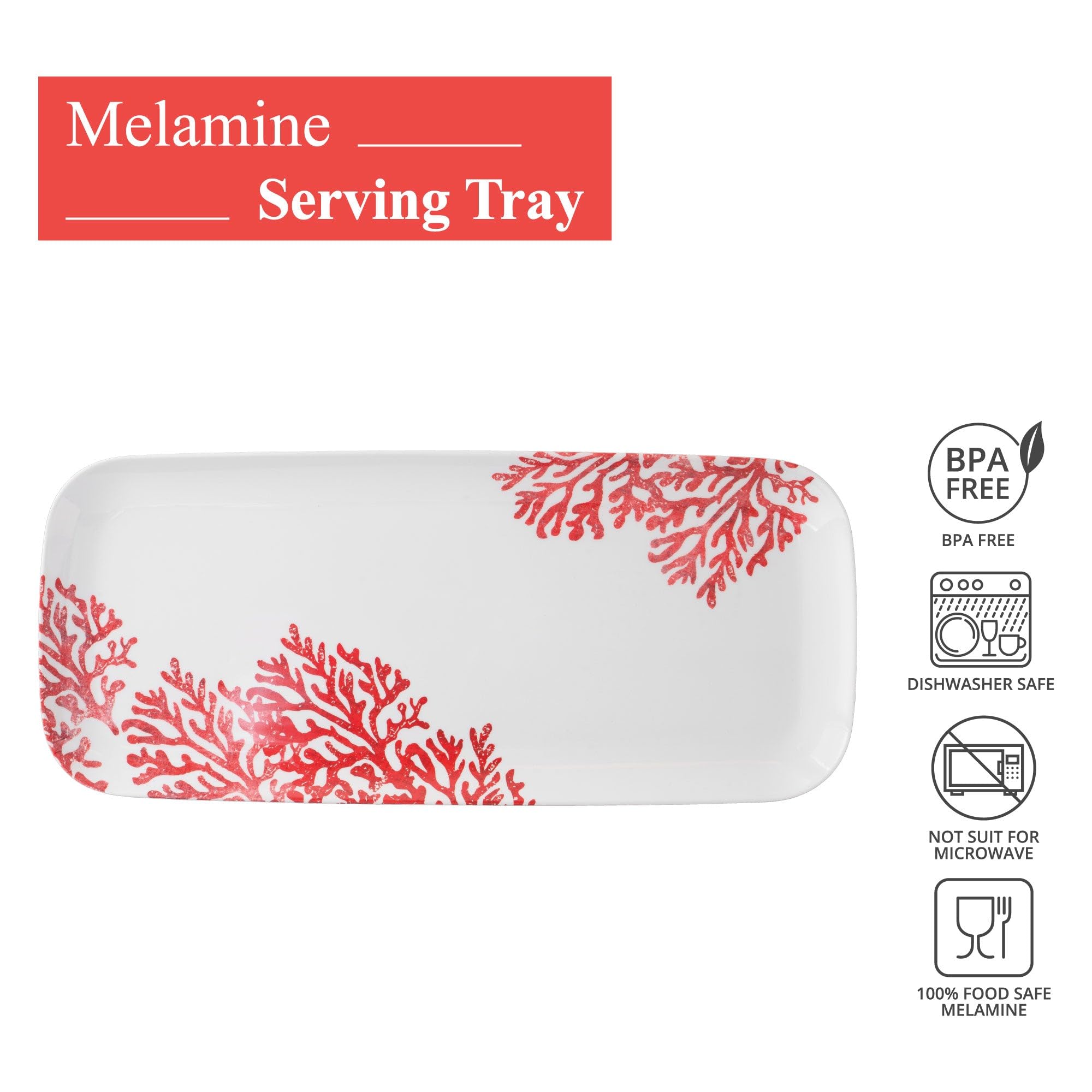 UPware 15 Inch Melamine Rectangle Serving Tray, BPA Free Food Tray (Red Coral)