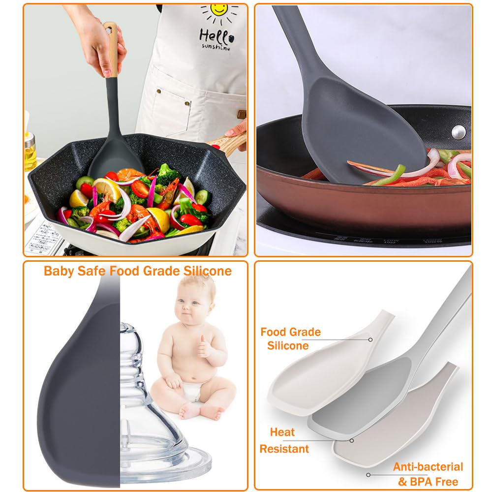 Wok Spatula, Silicone Wok Spatula Turner with Heat Resistant Wooden Handle, Kitchen Utensil Cooking Shovel Scoop Ladle for Scooping, Flipping, Stirring, Durable BPA-free Nonstick Cooking, 13.2Inch