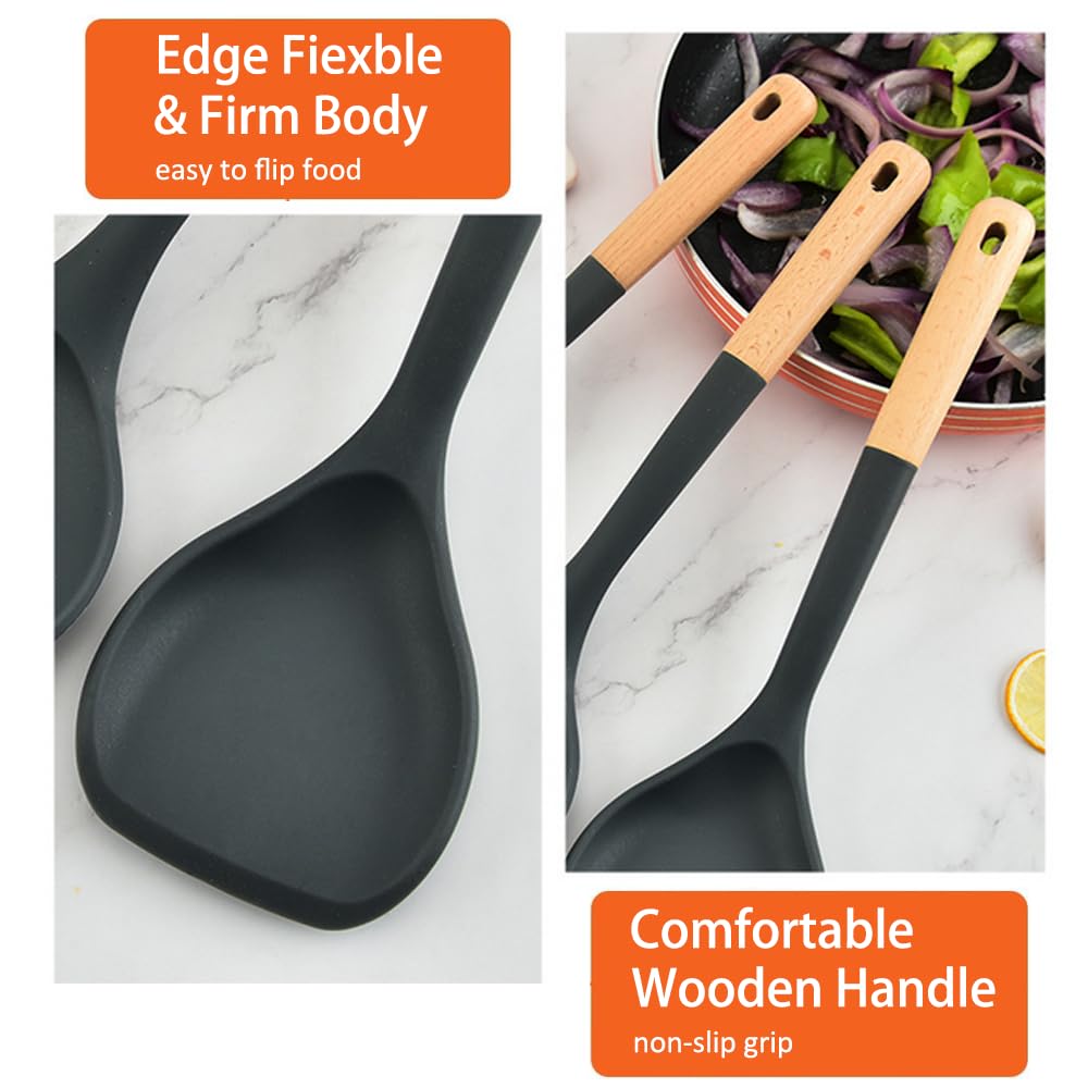 Wok Spatula, Silicone Wok Spatula Turner with Heat Resistant Wooden Handle, Kitchen Utensil Cooking Shovel Scoop Ladle for Scooping, Flipping, Stirring, Durable BPA-free Nonstick Cooking, 13.2Inch