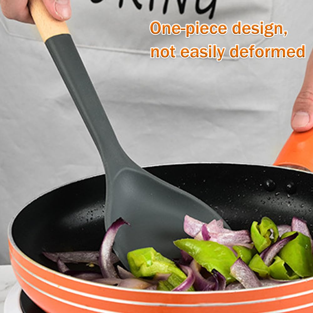 Wok Spatula, Silicone Wok Spatula Turner with Heat Resistant Wooden Handle, Kitchen Utensil Cooking Shovel Scoop Ladle for Scooping, Flipping, Stirring, Durable BPA-free Nonstick Cooking, 13.2Inch