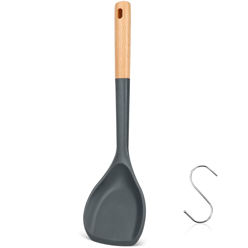 Wok Spatula, Silicone Wok Spatula Turner with Heat Resistant Wooden Handle, Kitchen Utensil Cooking Shovel Scoop Ladle for Scooping, Flipping, Stirring, Durable BPA-free Nonstick Cooking, 13.2Inch