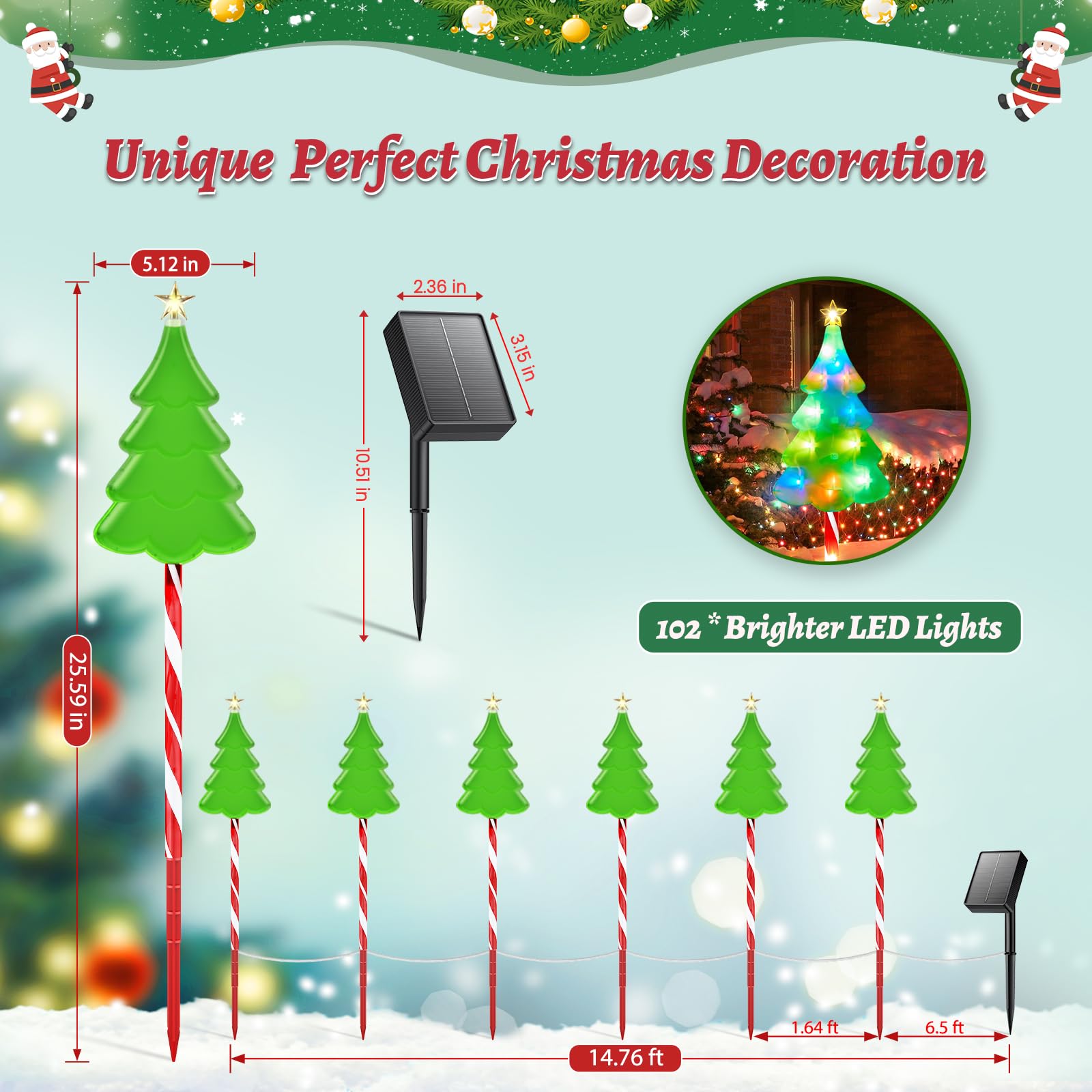 Christmas Decorations Outside Solar Christmas Tree Candy Cane Stake Lights, KOOPER 6 Pack Brighter 102 LED Solar Christmas Pathway Lights Outdoor, 8 Modes Outdoor Christmas Decoration for Xmas Decor