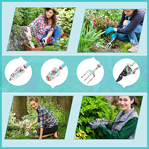 Gardening Tools, 4 PCS Heavy Duty Floral Garden Tool Set, WANCHI Rustproof Aluminum Gardening Hand Tools,Gardening Gifts for Women Birthday, Gardening Kit(Rake,Trowel,Transplanter,Pruning Shears)