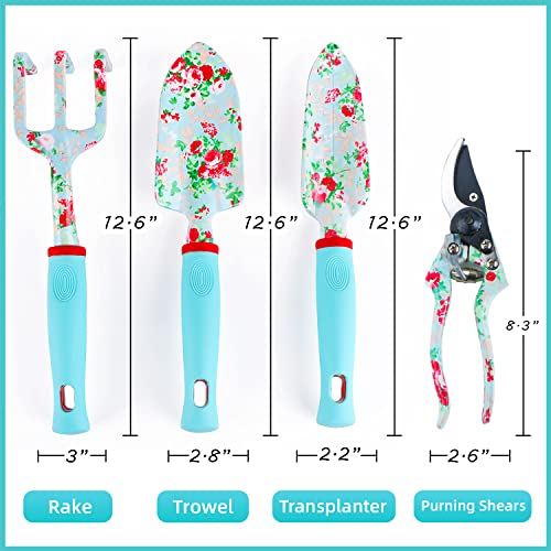 Gardening Tools, 4 PCS Heavy Duty Floral Garden Tool Set, WANCHI Rustproof Aluminum Gardening Hand Tools,Gardening Gifts for Women Birthday, Gardening Kit(Rake,Trowel,Transplanter,Pruning Shears)