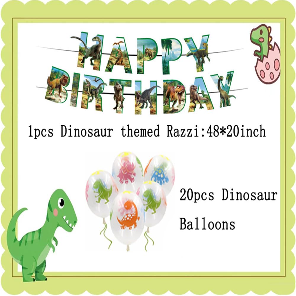 Dinosaur themed birthday party decorations, realistic Tyrannosaurus Rex, Brachiosaurus, Triceratops, dinosaur digital 2 balloons, and 20pcs dinosaur latex balloons, dinosaur themed arch pull banners