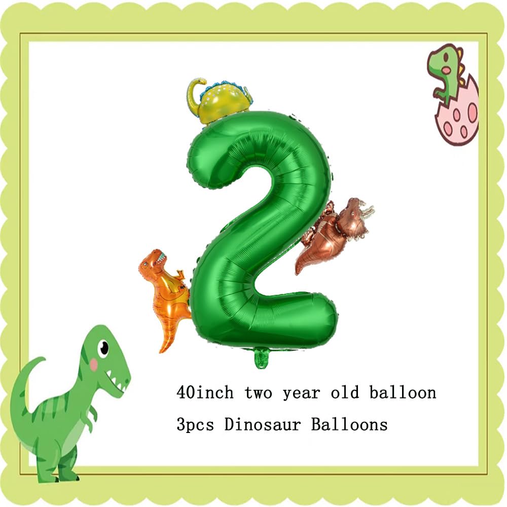 Dinosaur themed birthday party decorations, realistic Tyrannosaurus Rex, Brachiosaurus, Triceratops, dinosaur digital 2 balloons, and 20pcs dinosaur latex balloons, dinosaur themed arch pull banners