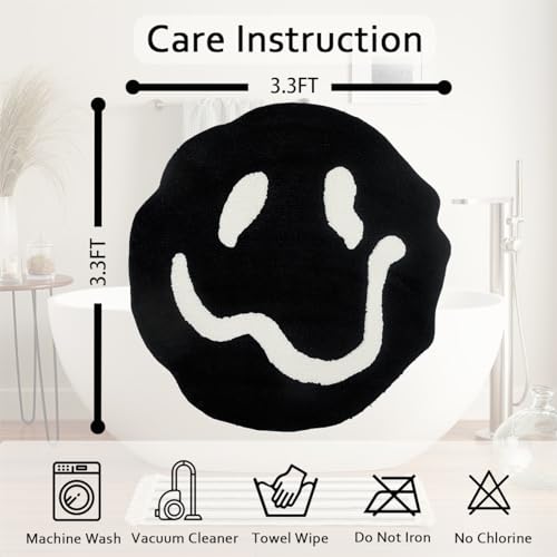 Trippy Smile Face Rug, Funky Retro Smile Face Rug Cute Abstract Bath Mat Soft Plush Water Absorbent Bathroom Shower Mat Non-Slip Bathtub Floor Carpet Funny Home Aesthetic Decor Rug (Black,3.3FT)