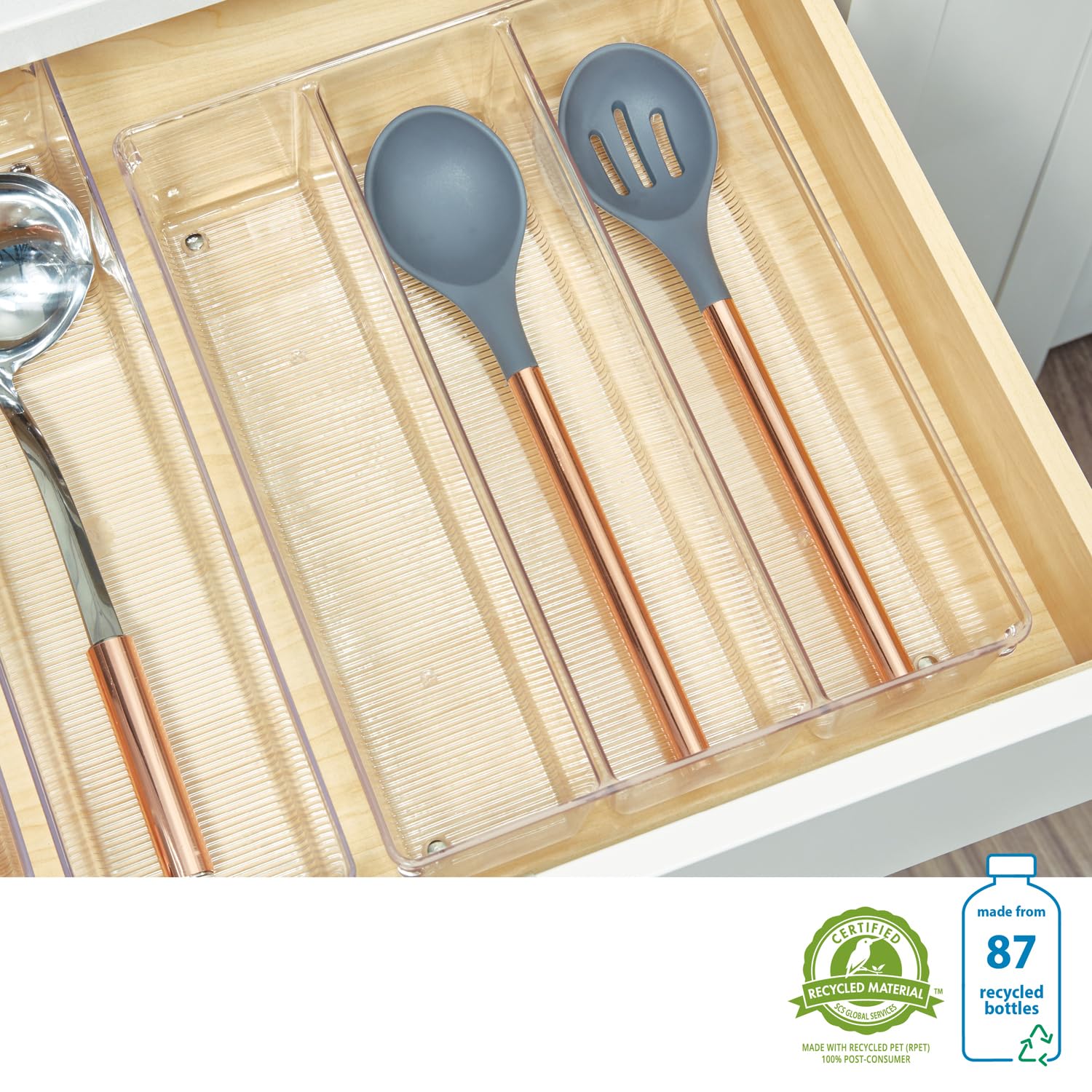 iDesign Linus Kitchen Drawer Organizer for Silverware, Spatulas, Gadgets - Clear 13.8" x 10.5" x 3"
