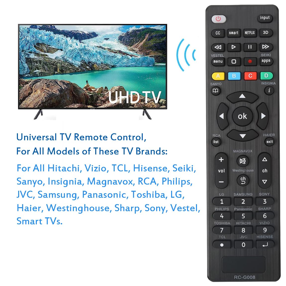 Universal TV Remote Replacement Compatible for Samsung RCA JVC Magnavox TCL Philips Sony Panasonic Toshiba Hitachi Vizio Hisense Seiki Sanyo Haier LG Insignia Westinghouse Smart TV Remote Control