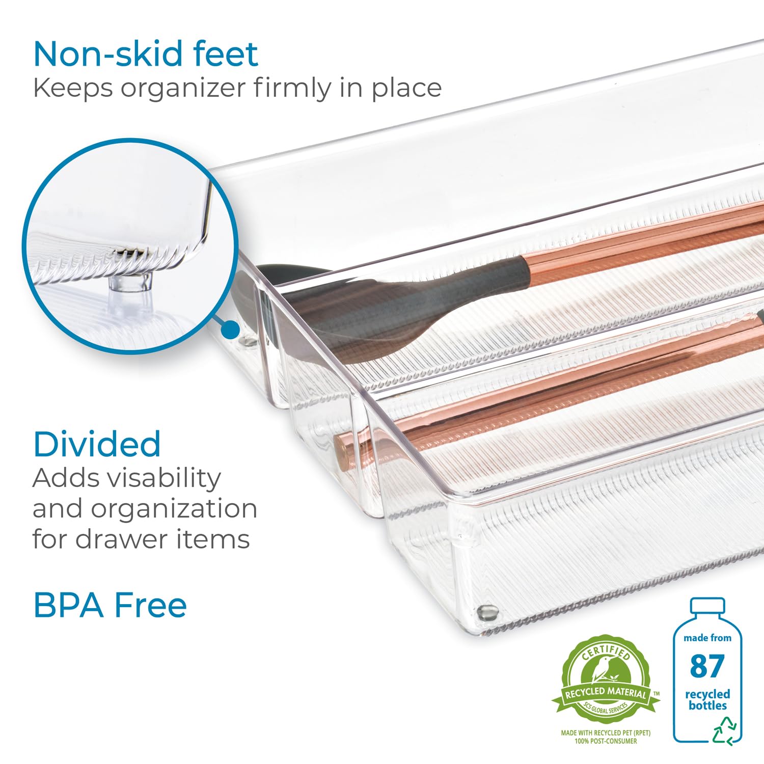 iDesign Linus Kitchen Drawer Organizer for Silverware, Spatulas, Gadgets - Clear 13.8" x 10.5" x 3"
