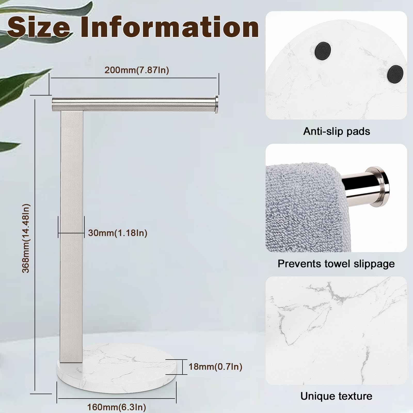 Siyzda Hand Towel Holder Stand for Bathroom, L- Shaped Standing Hand Towel Rack, Towel Bar Kitchen Vanity Countertop Organizer, SUS304 Stainless Steel Material (Marble Base, Brushed Nickel)