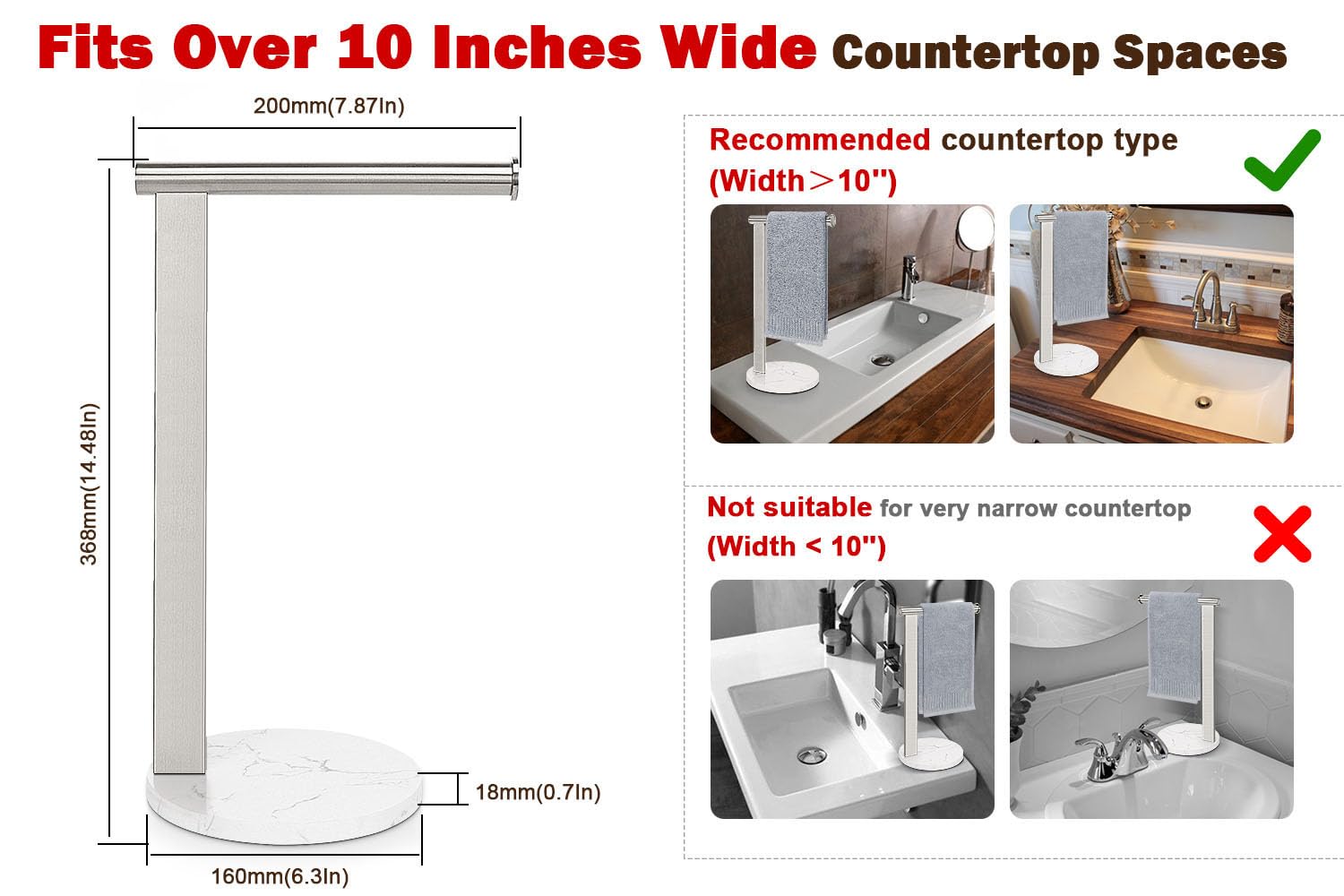 Siyzda Hand Towel Holder Stand for Bathroom, L- Shaped Standing Hand Towel Rack, Towel Bar Kitchen Vanity Countertop Organizer, SUS304 Stainless Steel Material (Marble Base, Brushed Nickel)