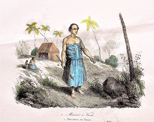 Antique Copperplate Engraving: A Sailor in Vavas and Boat House for Canoes