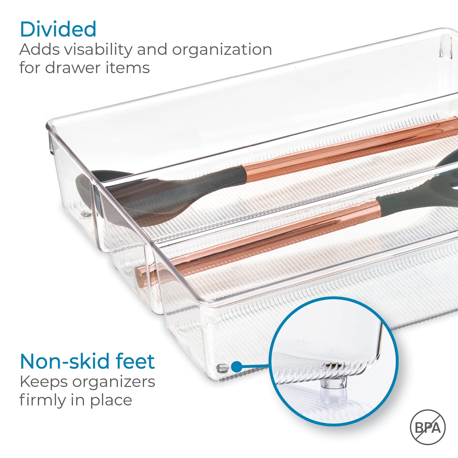 iDesign Linus Kitchen Drawer Organizer for Silverware, Spatulas, Gadgets - Clear 13.8" x 10.5" x 3"
