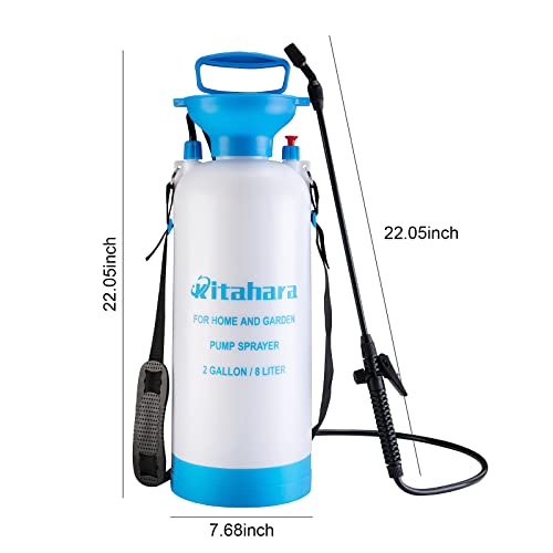 Kitahara 2 Gallon Garden Pump Pressure Sprayer with Pressure Relief Valve, Adjustable Shoulder Strap and Nozzles, for Yard Lawn Weeds Plant Water