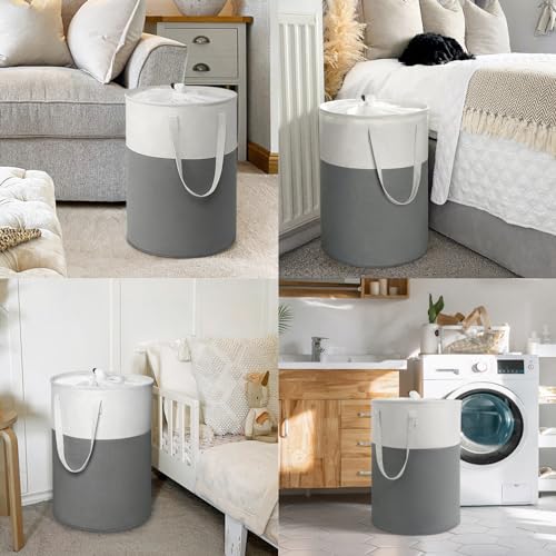 Goodpick 60L Laundry Basket with Lid, Collapsible Laundry Hamper for College Dorm, Foldable Dirty Clothes Basket, Storage Laundry Bin with Handles, 1 Pack, 60L, White & Grey
