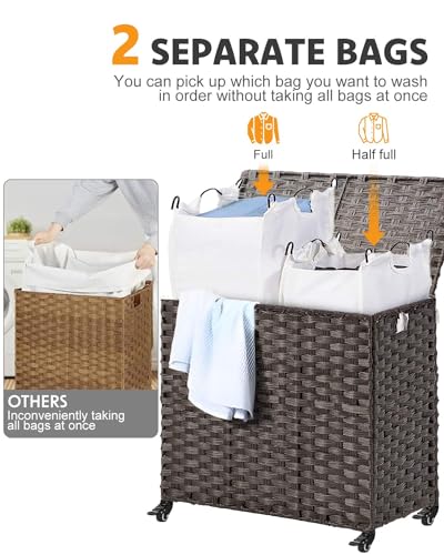 Rantizon Laundry Hamper with Lid, 110L Wicker Laundry Baskets with wheels 2 Foldable Compartment and 3 Removable Liner Bags, Synthetic Rattan Clothes Laundry Basket with Handles, Natural Brown