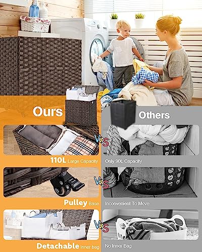 Rantizon Laundry Hamper with Lid, 110L Wicker Laundry Baskets with wheels 2 Foldable Compartment and 3 Removable Liner Bags, Synthetic Rattan Clothes Laundry Basket with Handles, Natural Brown