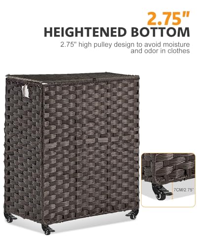 Rantizon Laundry Hamper with Lid, 110L Wicker Laundry Baskets with wheels 2 Foldable Compartment and 3 Removable Liner Bags, Synthetic Rattan Clothes Laundry Basket with Handles, Natural Brown