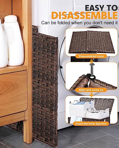 Rantizon Laundry Hamper with Lid, 110L Wicker Laundry Baskets with wheels 2 Foldable Compartment and 3 Removable Liner Bags, Synthetic Rattan Clothes Laundry Basket with Handles, Natural Brown