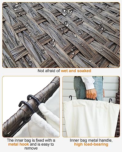 Rantizon Laundry Hamper with Lid, 110L Wicker Laundry Baskets with wheels 2 Foldable Compartment and 3 Removable Liner Bags, Synthetic Rattan Clothes Laundry Basket with Handles, Natural Brown