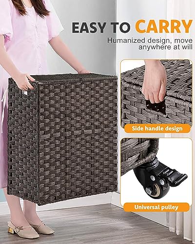 Rantizon Laundry Hamper with Lid, 110L Wicker Laundry Baskets with wheels 2 Foldable Compartment and 3 Removable Liner Bags, Synthetic Rattan Clothes Laundry Basket with Handles, Natural Brown