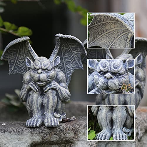 OwMell Gargoyle Statue Garden Guardian Sculpture Figurine Gothic Indoor Outdoor Garden Decor Statue, Sitting with Hands on Knees 7 Inch