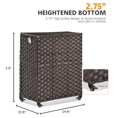 Rantizon Laundry Hamper with Lid, 110L Wicker Laundry Baskets with wheels 2 Foldable Compartment and 3 Removable Liner Bags, Synthetic Rattan Clothes Laundry Basket with Handles, Natural Brown