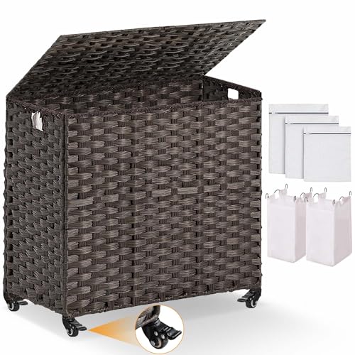 Rantizon Laundry Hamper with Lid, 110L Wicker Laundry Baskets with wheels 2 Foldable Compartment and 3 Removable Liner Bags, Synthetic Rattan Clothes Laundry Basket with Handles, Natural Brown