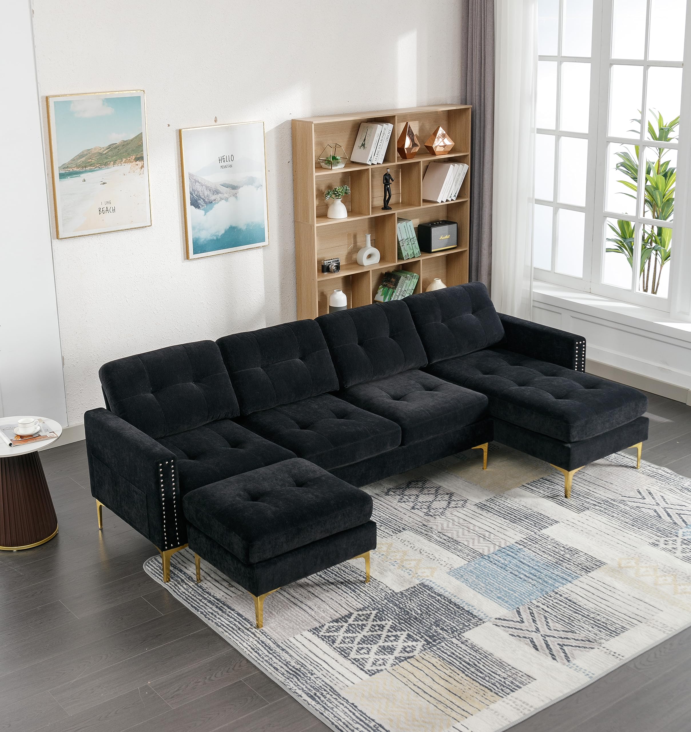 Eafurn U-Shaped Sectional Sofa w/Reversible Chaise Lounge and Movable Ottoman, 5-Seater Convertible Corner Couch Modern Design Velvet Upholstered Comfy Sofa & Couch for Living Room Furniture Sets