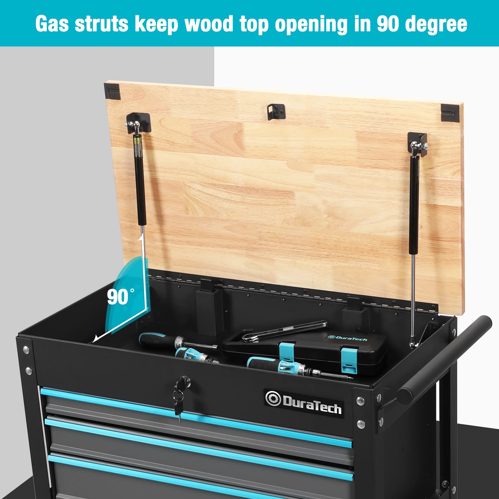 DURATECH 30-1/2 in 3-Drawer Rolling Tool Cart with Wood Top, Heavy Duty Storage Organizer Cabinet, Utility Industrial Service Cart with Casters and Locking System for Mechanics Warehouse Garage