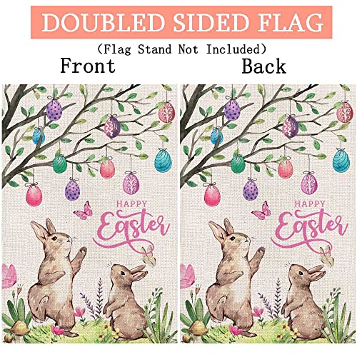 Happy Easter Bunny Garden Flag for Outdoor 12x18 Double Sided,Rabbit Egg Tree Small Yard Flag,Seasonal Decors for Spring Farmhouse Holiday Outside