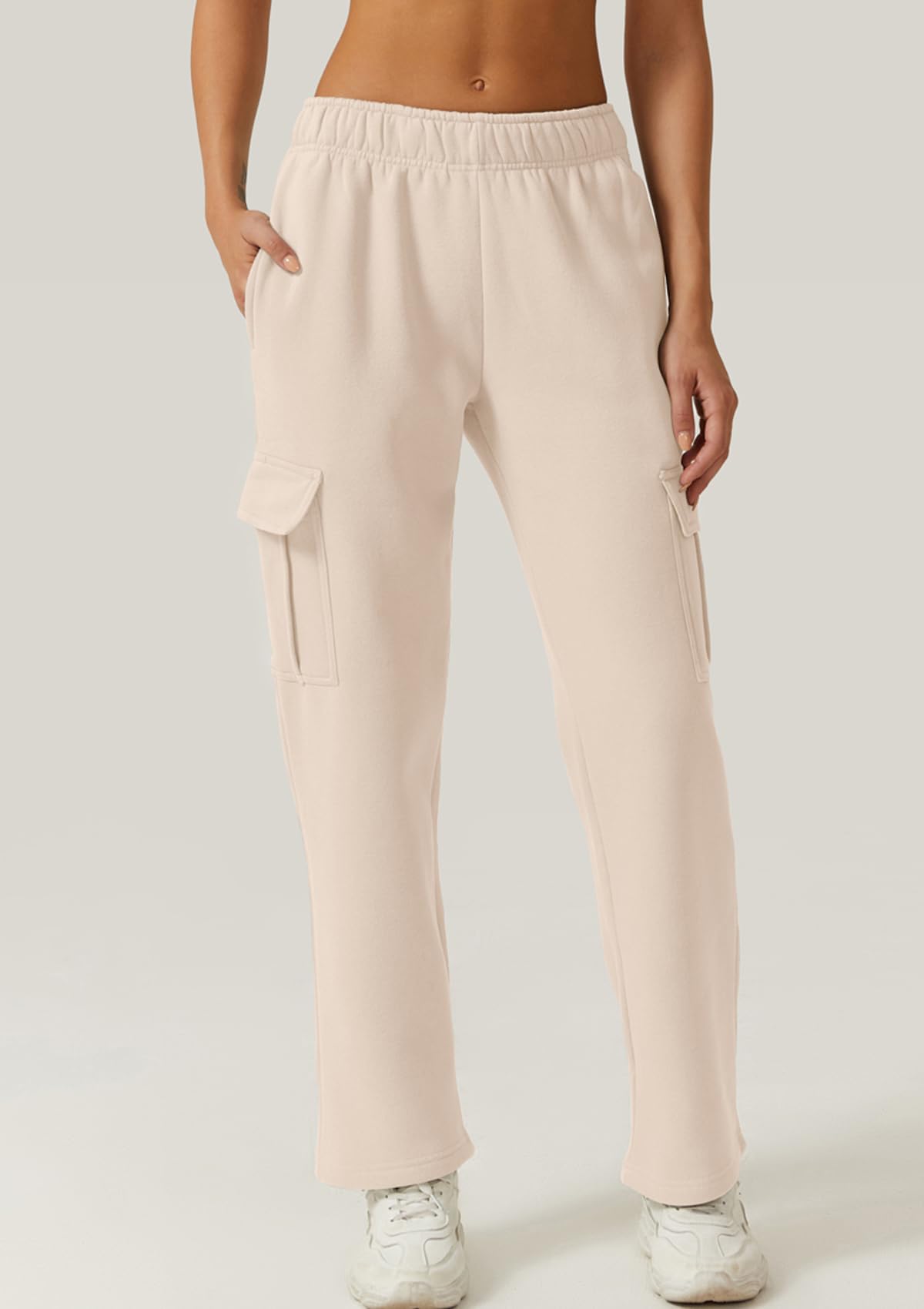 QINSEN Plus Size Womens Elastic Waist Sweatpants Long Fleece Cargo Pants for Leisure XL Beige