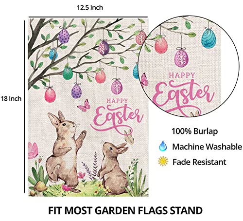 Happy Easter Bunny Garden Flag for Outdoor 12x18 Double Sided,Rabbit Egg Tree Small Yard Flag,Seasonal Decors for Spring Farmhouse Holiday Outside
