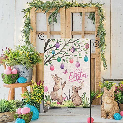Happy Easter Bunny Garden Flag for Outdoor 12x18 Double Sided,Rabbit Egg Tree Small Yard Flag,Seasonal Decors for Spring Farmhouse Holiday Outside