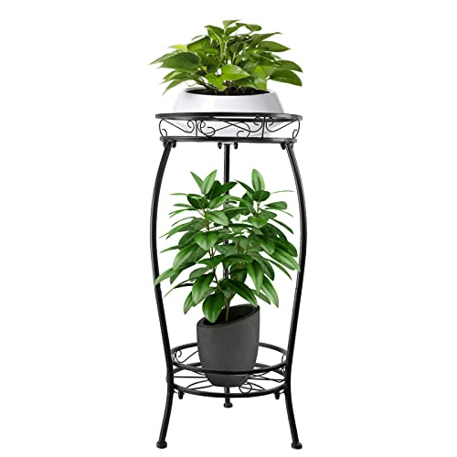 Plant Stand Indoor Outdoor,2 Tier Metal Tall Plant Stands,27.1'' Potted Multiple Holder, Rustproof Decorative Plants Shelf for Corner, Patio, Living Room, Garden (Black)