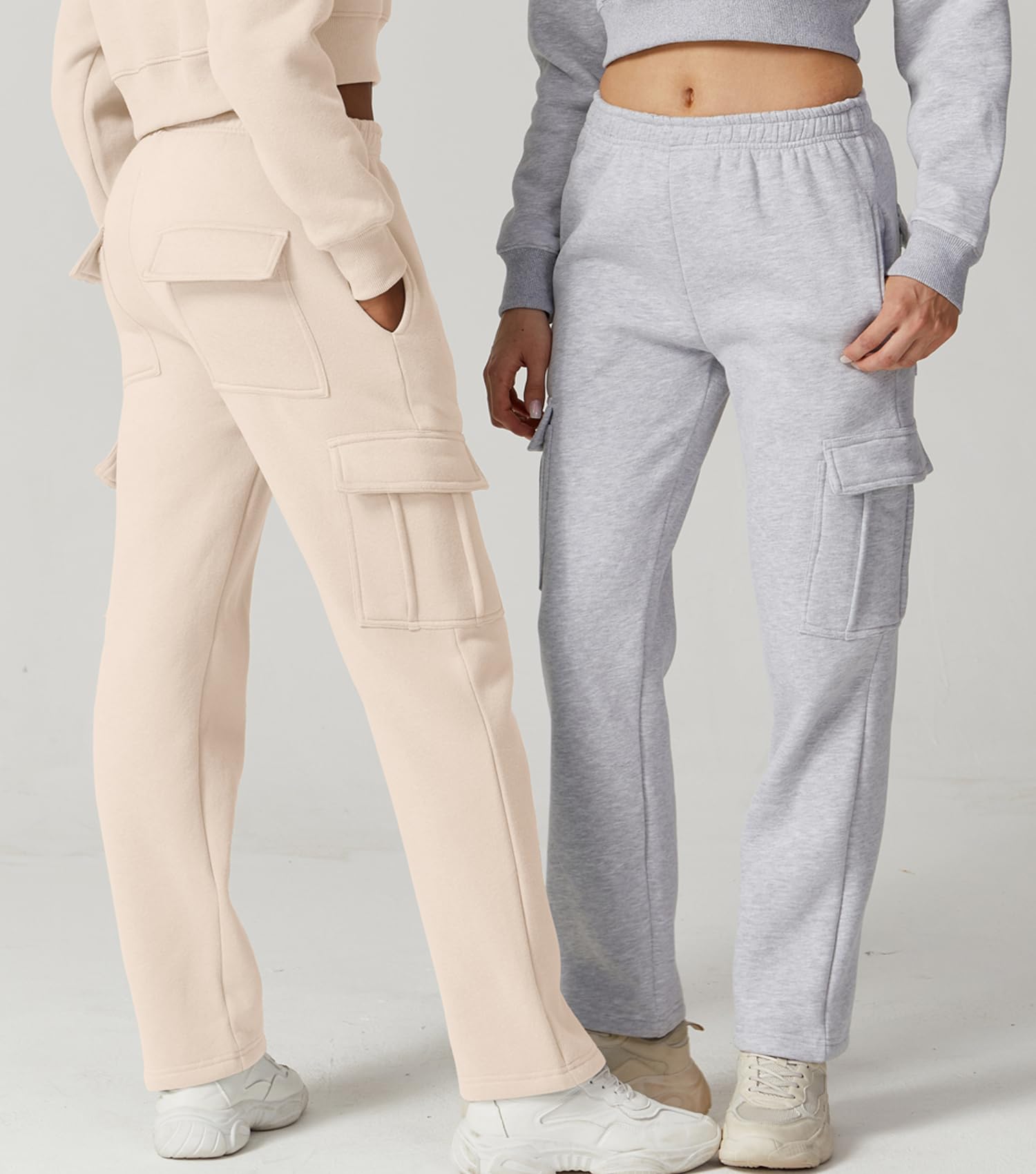 QINSEN Plus Size Womens Elastic Waist Sweatpants Long Fleece Cargo Pants for Leisure XL Beige