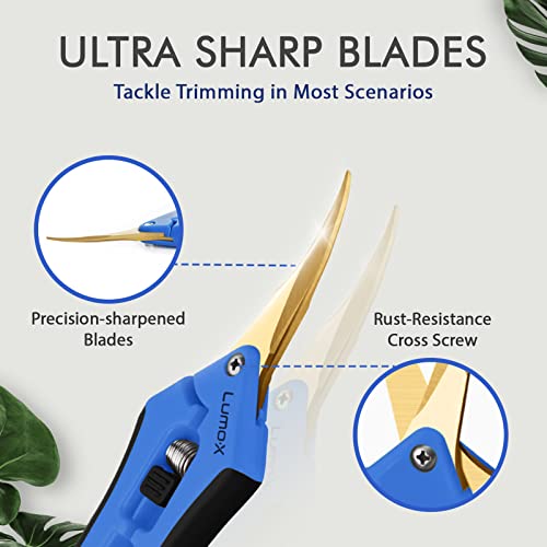 Lumo-X Trimming Scissors Pruning Snips with Titanium Coated CURVED Blades & STRAIGHT Blades for Precision Buds Trimming, Indoor/Outdoor Garden Trimming, Bonsai, Hydroponics (Green & Blue - Set)
