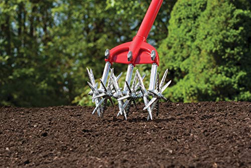 Garden Weasel Cultivator β Break Up Soil, Detachable Tines, Long Handle, 54.5β Long, red and silver