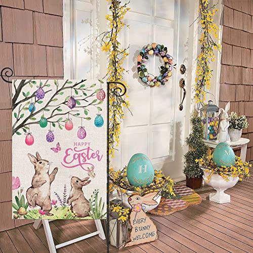 Happy Easter Bunny Garden Flag for Outdoor 12x18 Double Sided,Rabbit Egg Tree Small Yard Flag,Seasonal Decors for Spring Farmhouse Holiday Outside