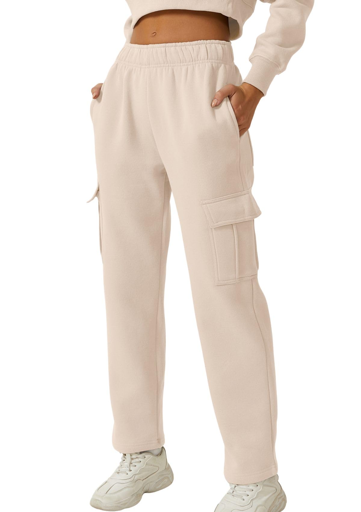 QINSEN Plus Size Womens Elastic Waist Sweatpants Long Fleece Cargo Pants for Leisure XL Beige
