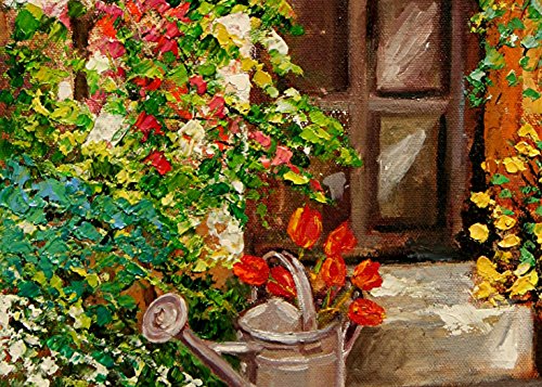 (SOLD) Red Tulips - old garden by internationally renown painter Yary Dluhos.