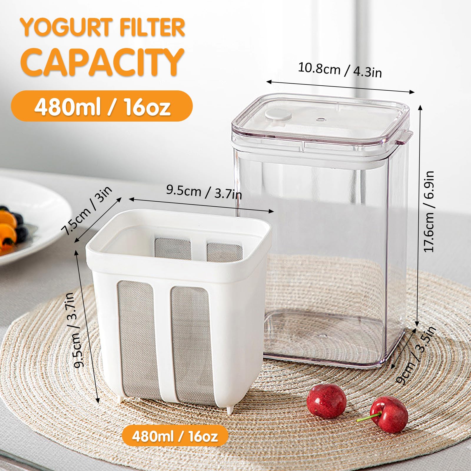 SMALLSHS Yogurt Strainer, Small 480ML (16 Oz) Fine Mesh Strainer, Rice Tea Juicing Food Sieve Strainer, Thick Greek Yogurt Milk Filter Kitchen Tools Reusable Homemade Cup with Stainless Steel Mesh