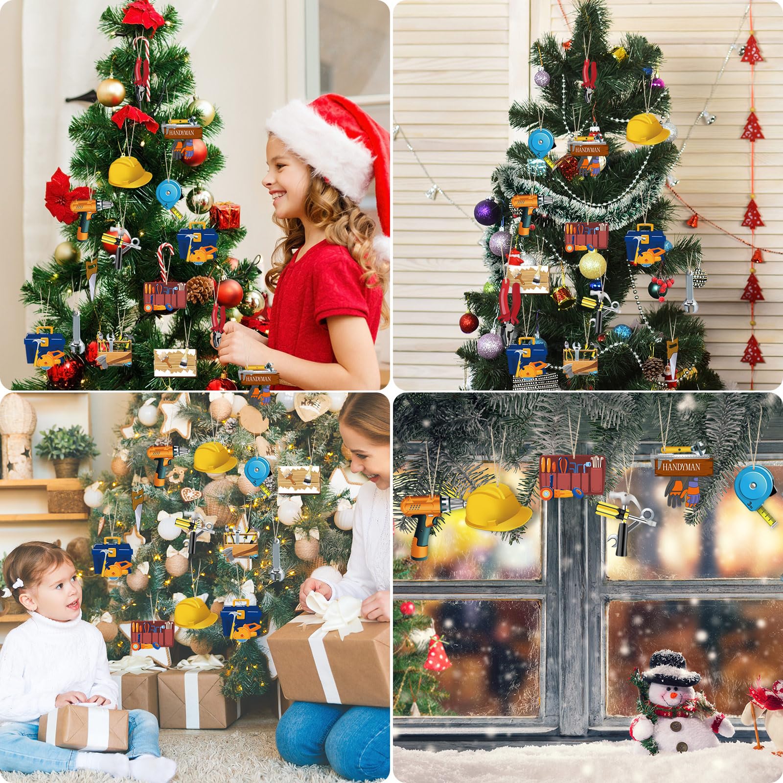 Suzile 36 Pcs Christmas Construction Tools Ornament Wooden Hanging Handyman Belt Board Wood Axe Plier Hammer Tool Christmas Tree Ornament for Xmas Party Holiday Decor
