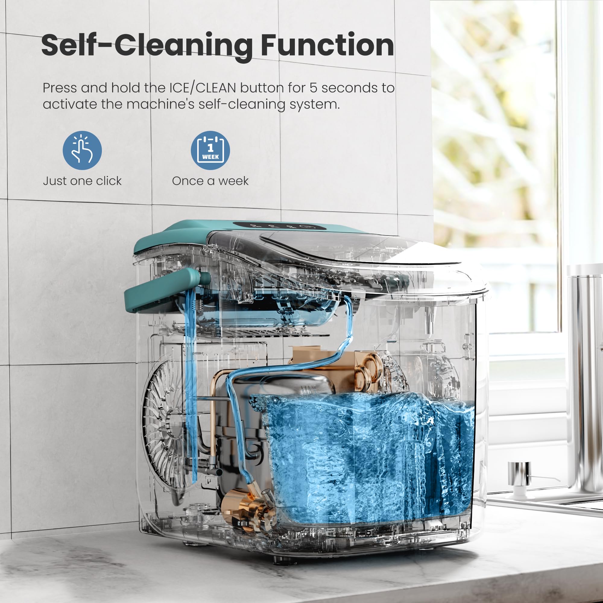 Portable Ice Maker Machine with Handle, 26lbs/24Hrs, 6Mins/9 Ice Cubes, Self-Cleaning with Basket/Scoop, Countertop Ice Makers for Home/Kitchen/Office(Green)