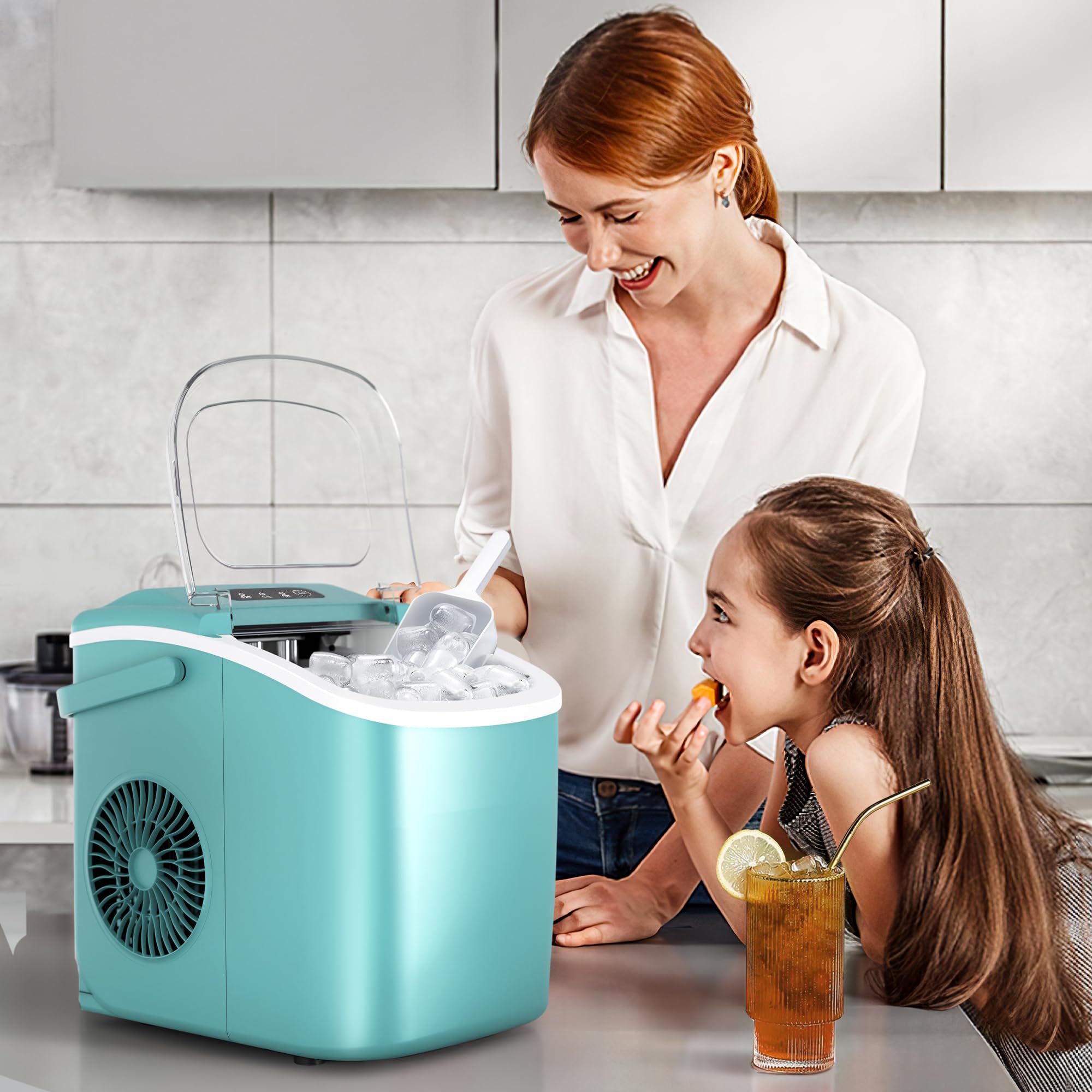 Portable Ice Maker Machine with Handle, 26lbs/24Hrs, 6Mins/9 Ice Cubes, Self-Cleaning with Basket/Scoop, Countertop Ice Makers for Home/Kitchen/Office(Green)