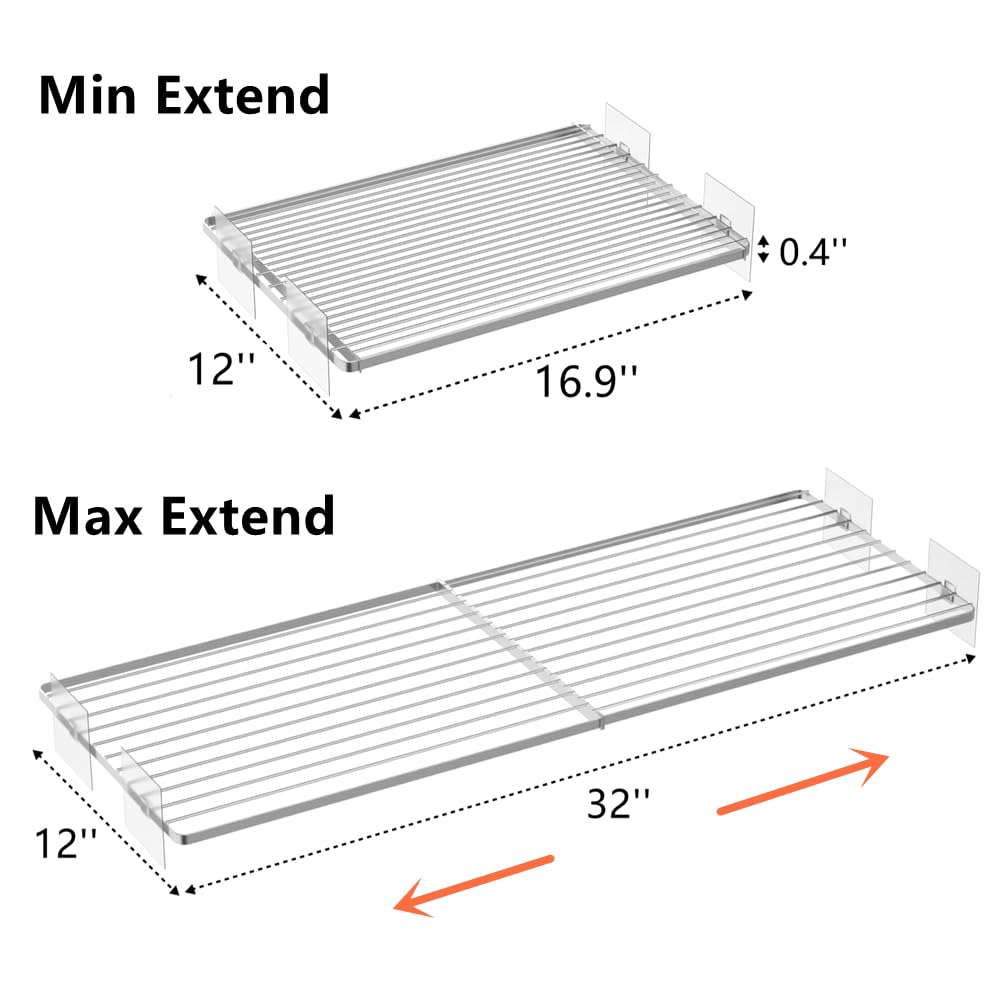 Slideep Expandable Closet Wire Shelves Stainless Steel, Heavy Duty Tension Shelf Cabinet Organizer, Strong Adhesive Closet Divider Organizer System (Large, 3Pack)